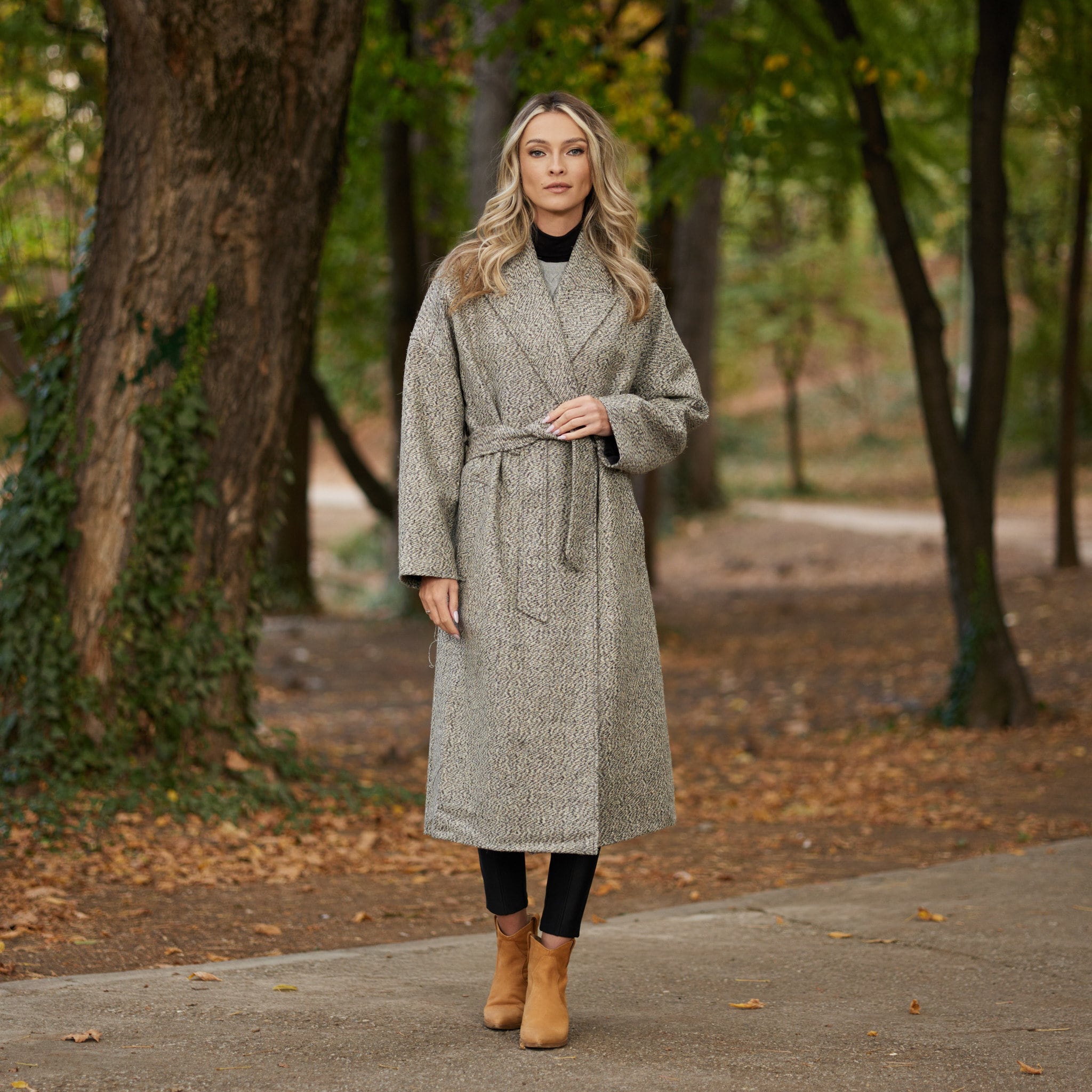 Irish Donegal Tweed - Double Breasted Belted Coat - Marled Granite ...