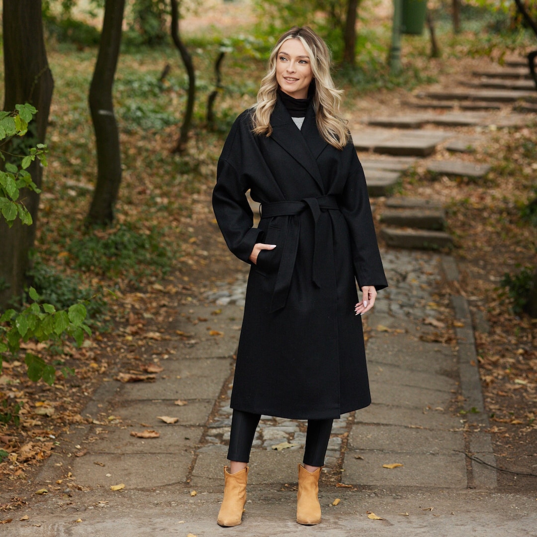 Irish Donegal Tweed - Double Breasted Belted Coat - Jet Black ...