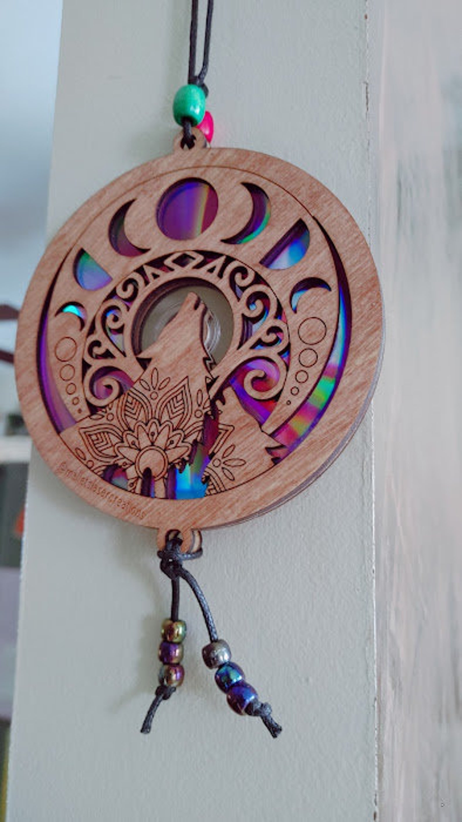Suncatcher, Repurposed DVD, Wolf and Moon Phase, Beads, Laser Cut Wood ...