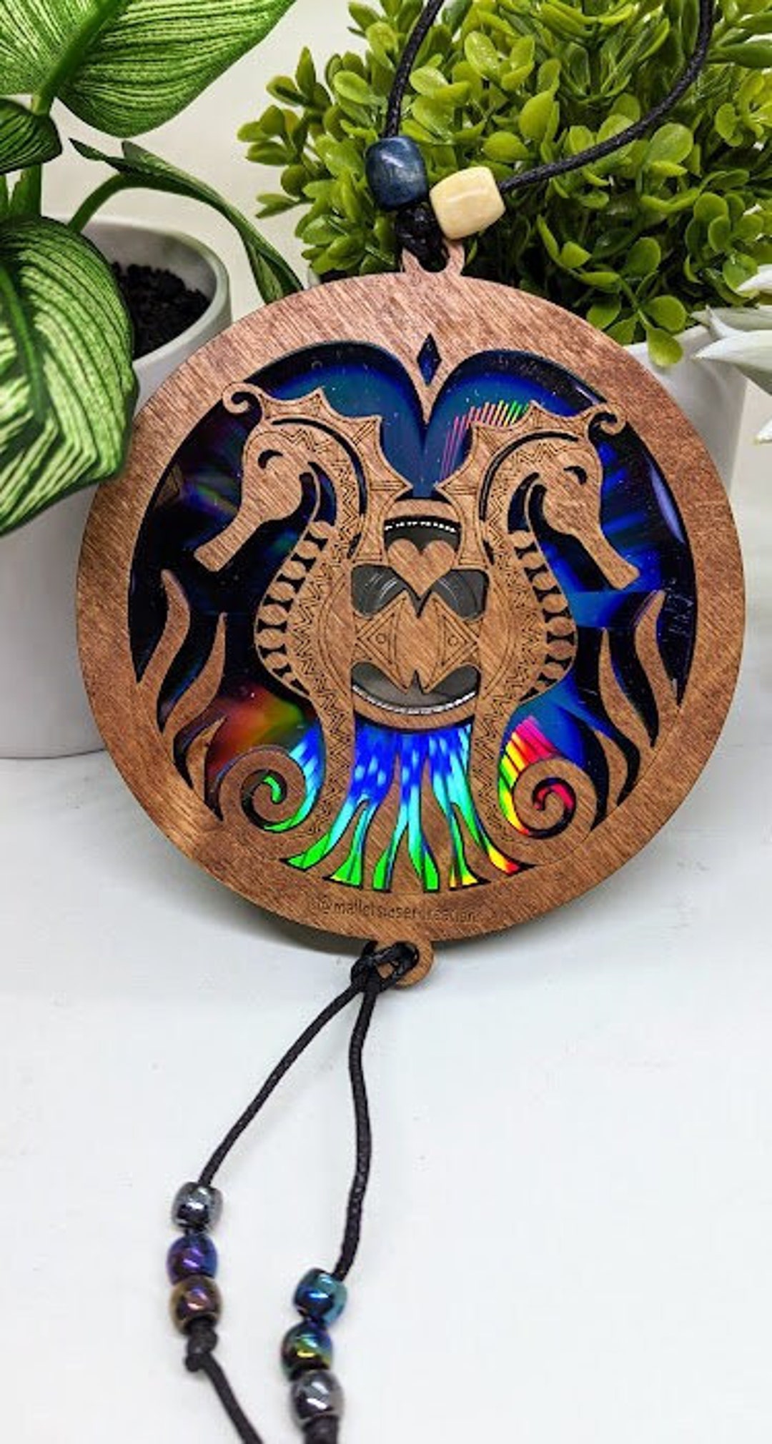 Suncatcher, Repurposed DVD, Seahorse, Beads, Laser Cut Wood - Etsy