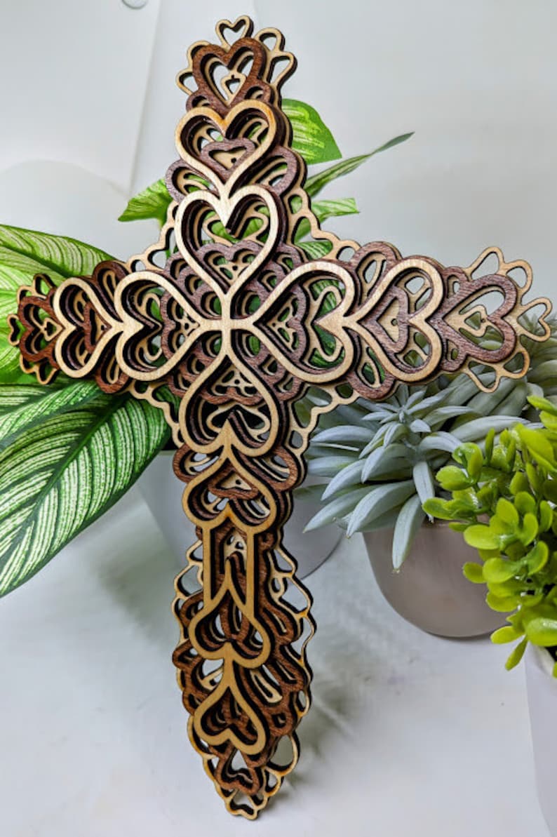 3 Layer Laser Cut Wood Heart Cross, 10 in Tall X 7 in Wide, Christian ...