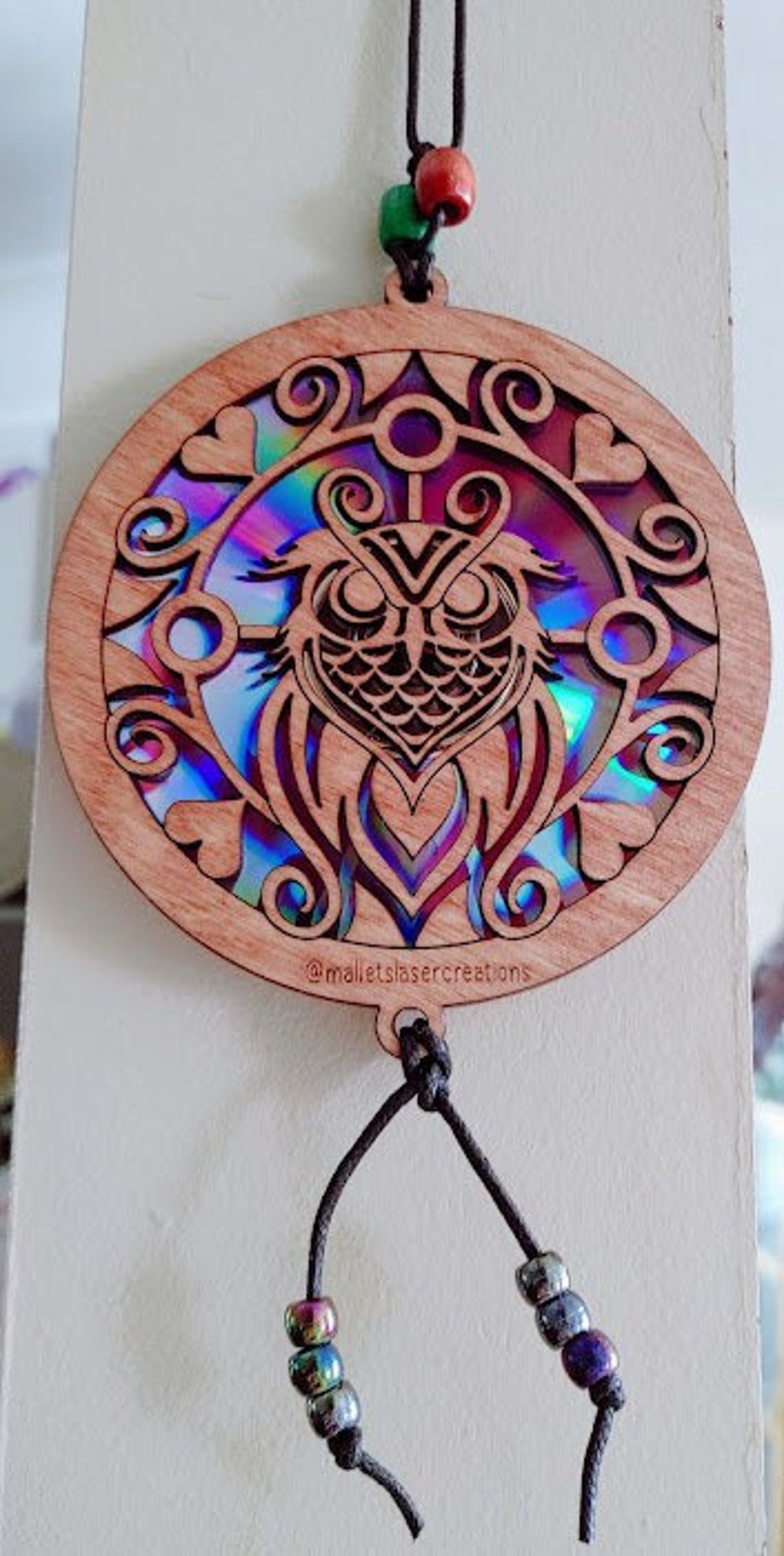 Suncatcher, Repurposed DVD, Owl, Beads, Laser Cut Wood - Etsy