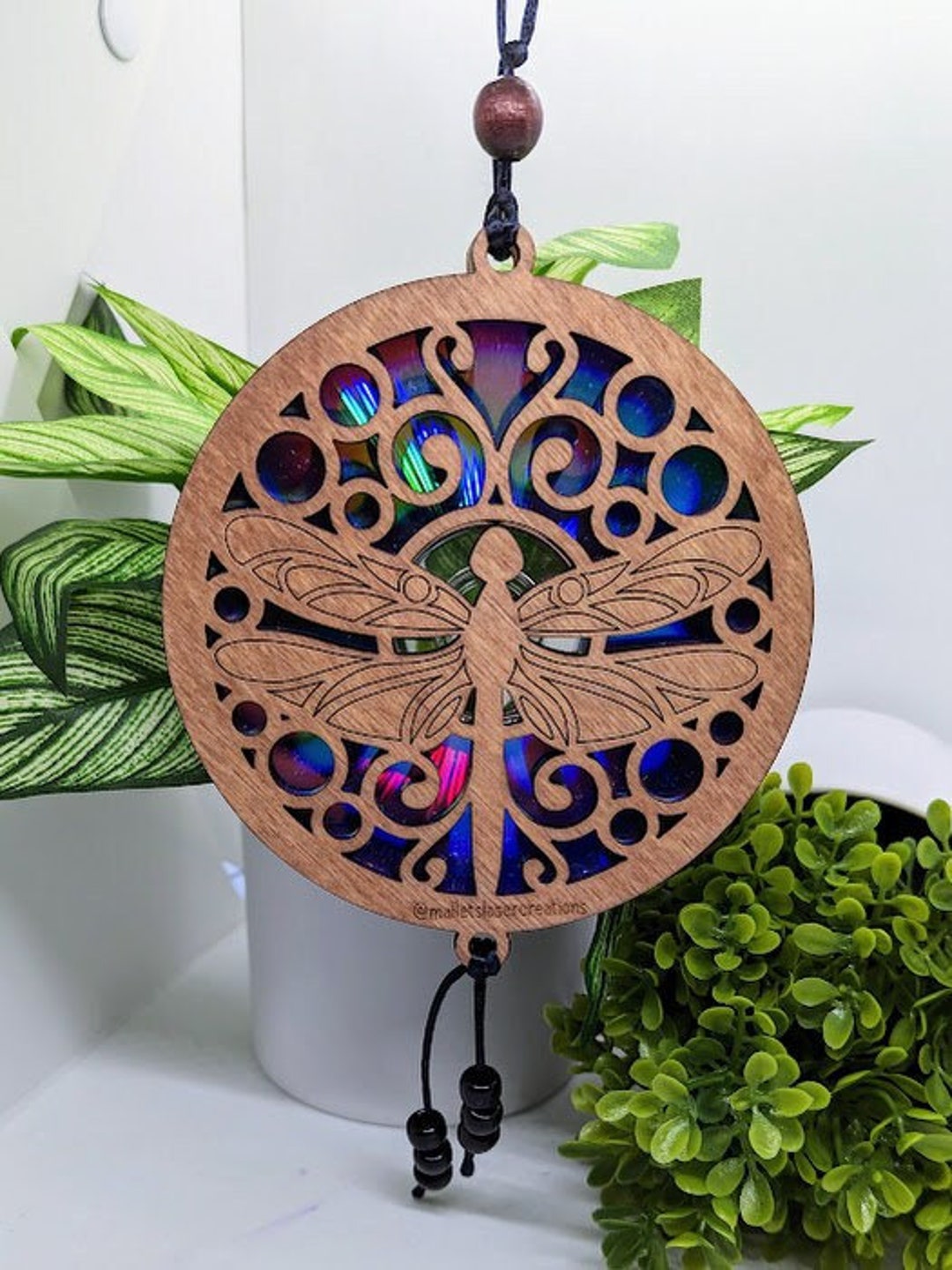 Suncatcher, Repurposed DVD, Dragonfly, Beads, Laser Cut Wood - Etsy