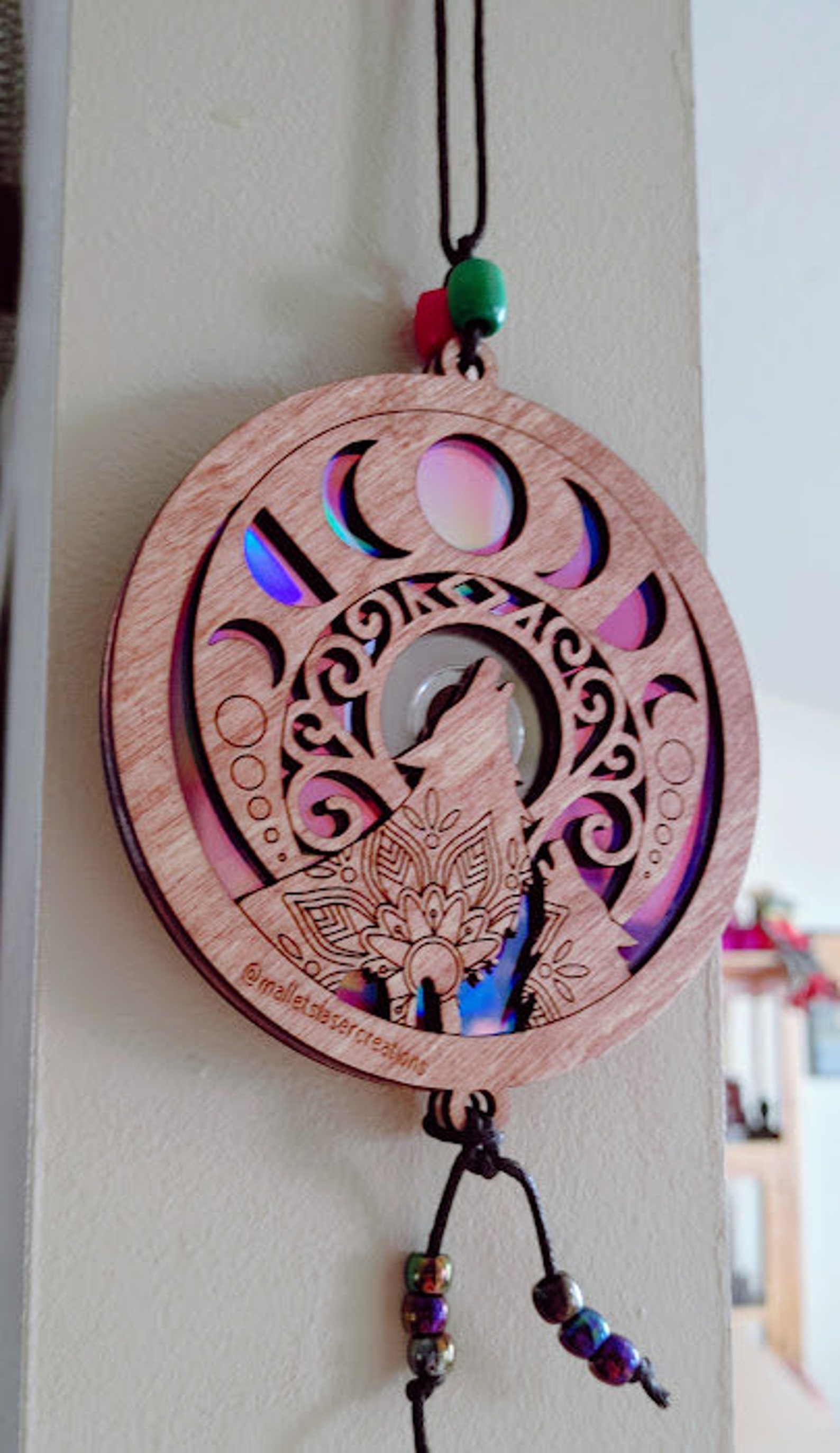 Suncatcher, Repurposed DVD, Wolf and Moon Phase, Beads, Laser Cut Wood ...