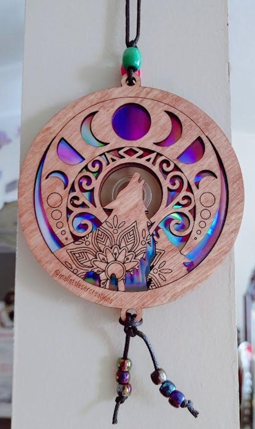 Suncatcher, Repurposed DVD, Wolf and Moon Phase, Beads, Laser Cut Wood ...