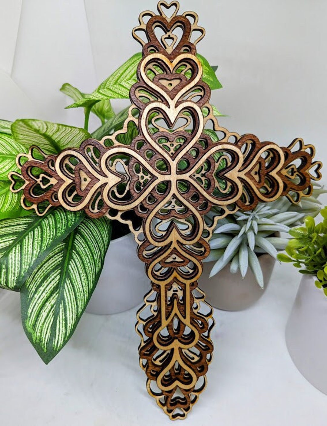 3 Layer Laser Cut Wood Heart Cross, 10 in Tall X 7 in Wide, Christian ...