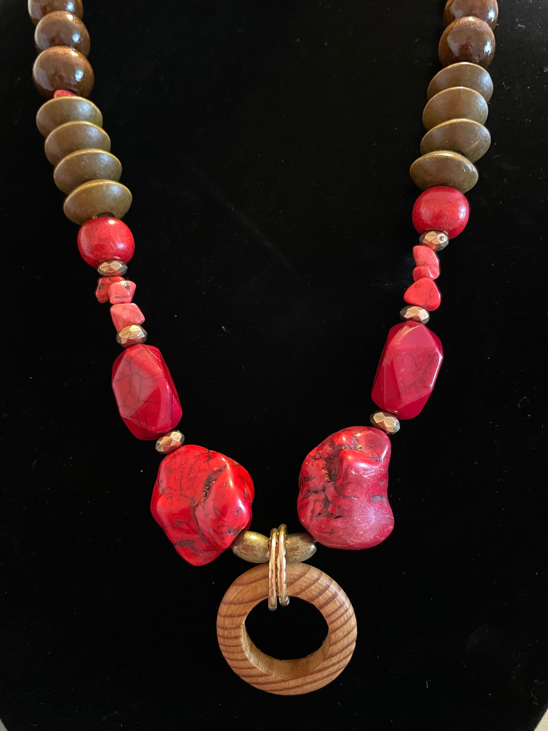Red Dyed Howlite and Wood Ring Necklace - Etsy