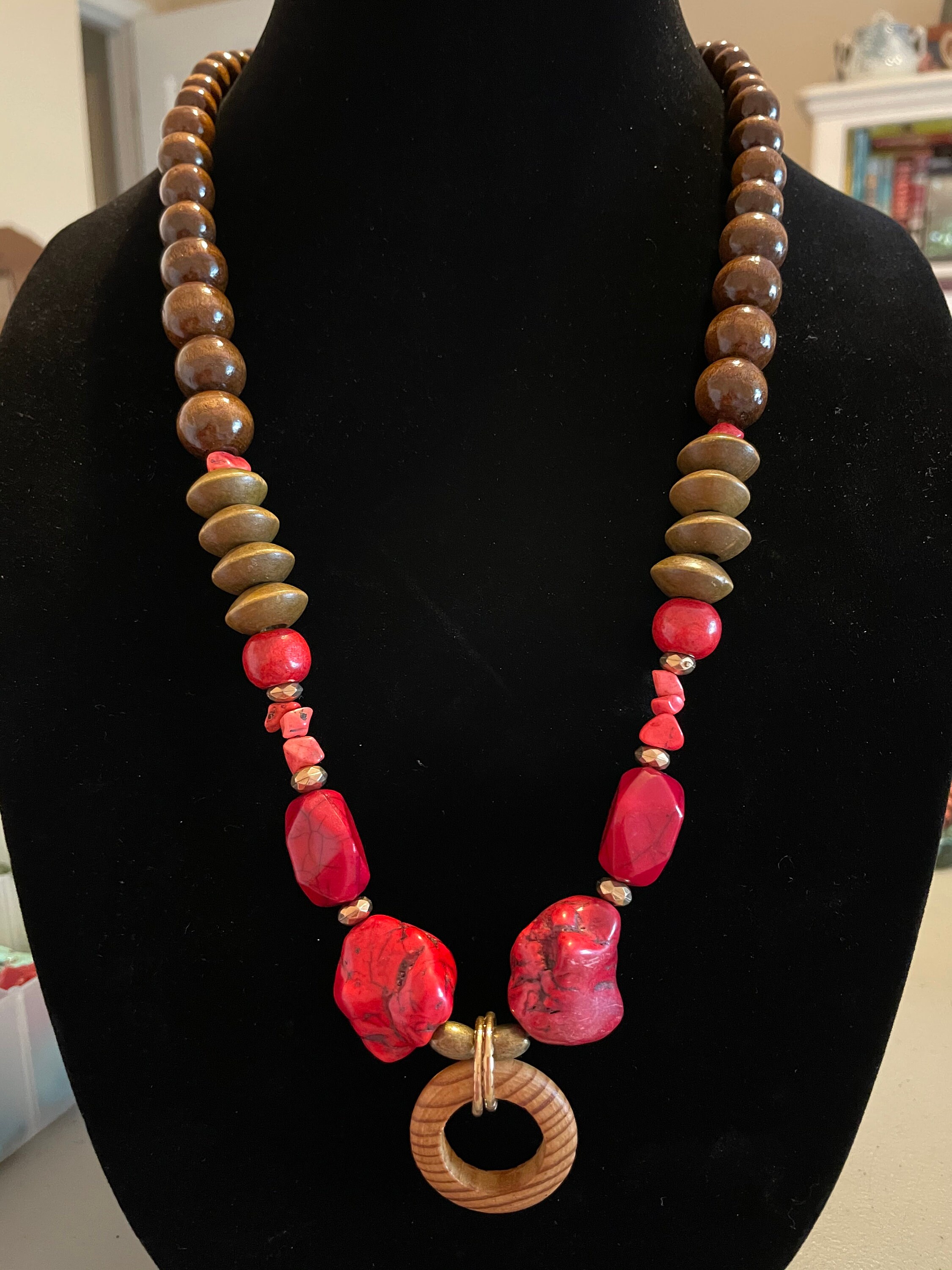 Red Dyed Howlite and Wood Ring Necklace - Etsy
