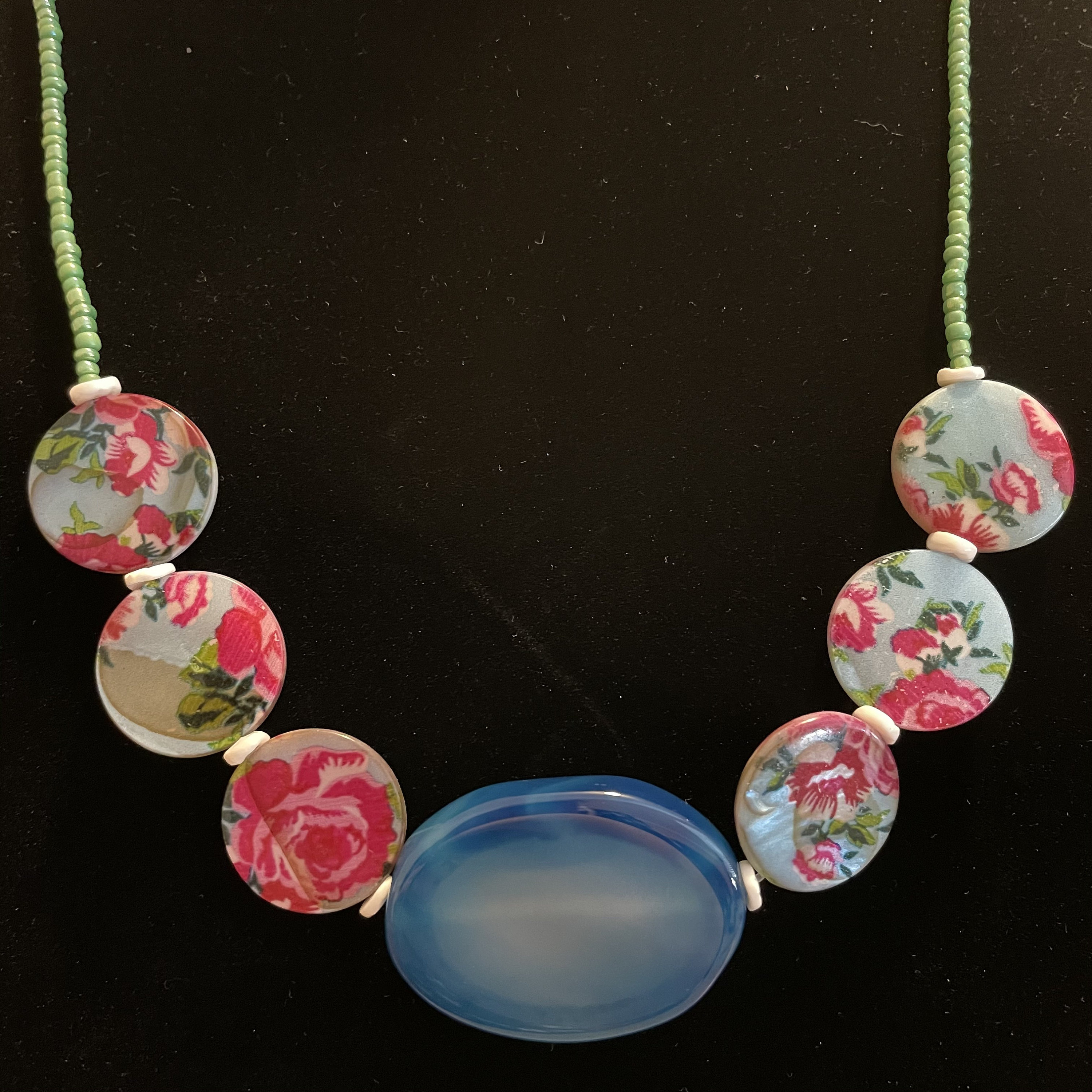 Blue Agate Oval and Painted Shell Necklace - Etsy