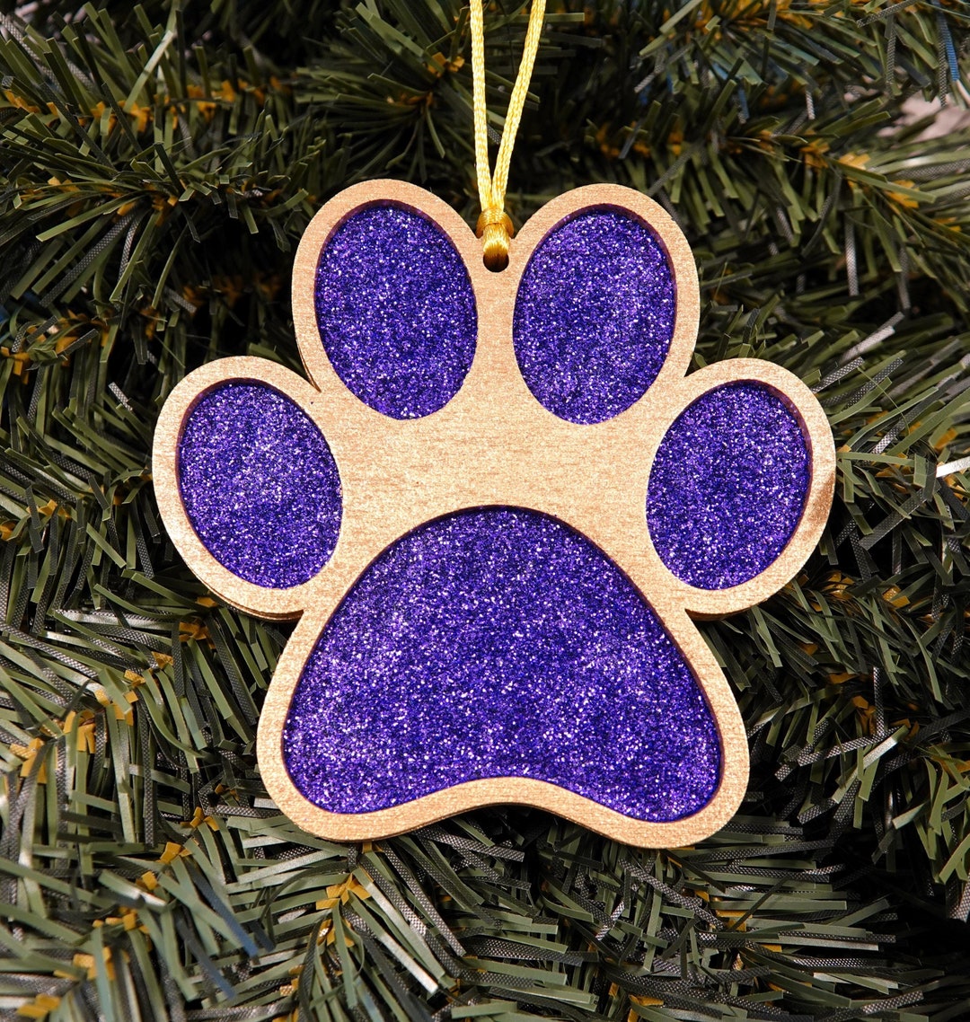Wood Paw Ornament, Dog Paw Glitter Ornament, Purple & Gold Metallic Paw ...
