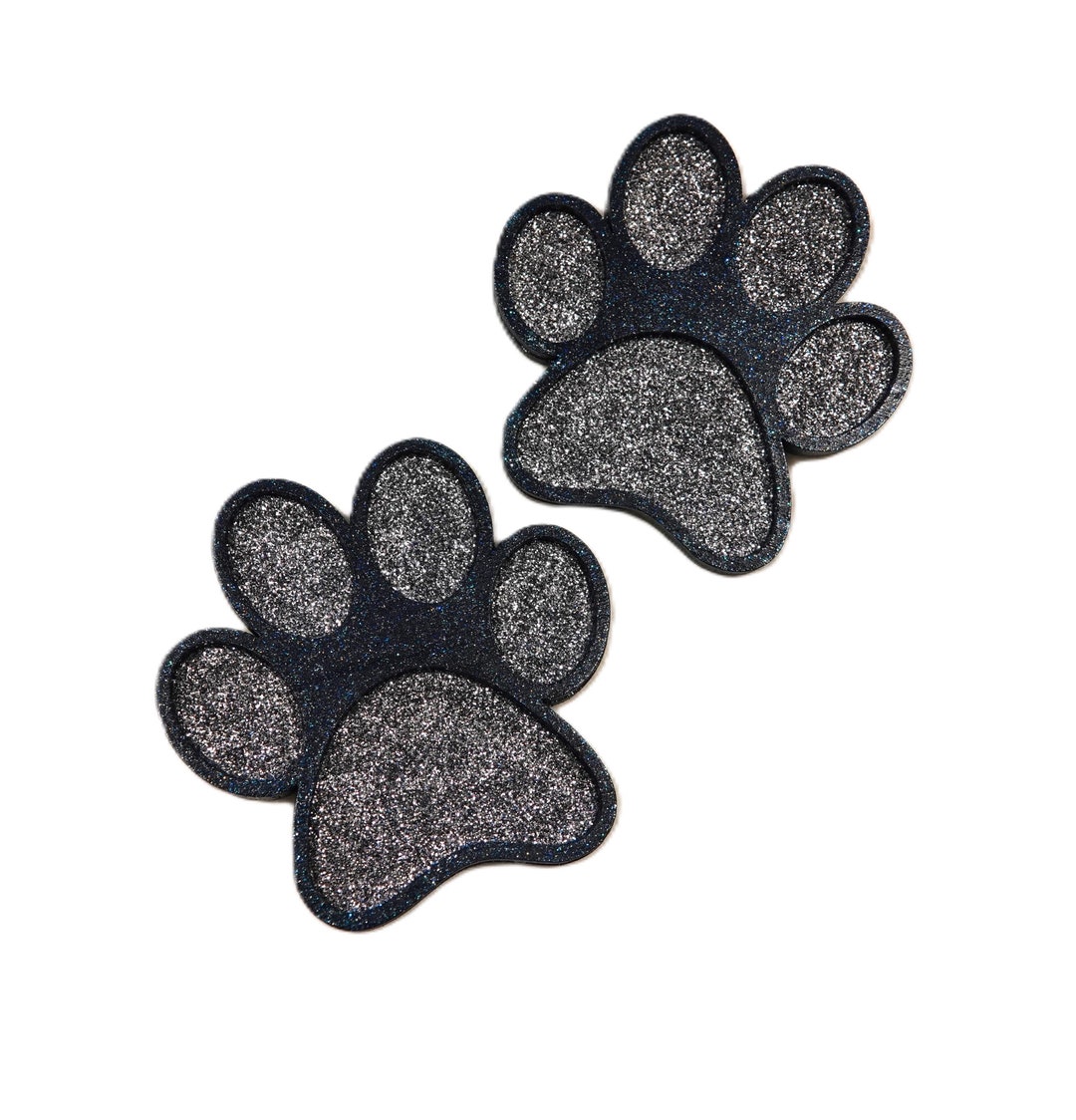 Set of Two Wood 3.5" Paw Print Glitter Magnets, Navy Blue & Silver ...