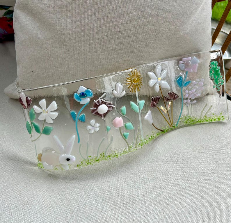 Pastel Loving Fused Glass Wave Panel With Soft Florals and Bunny. Free ...