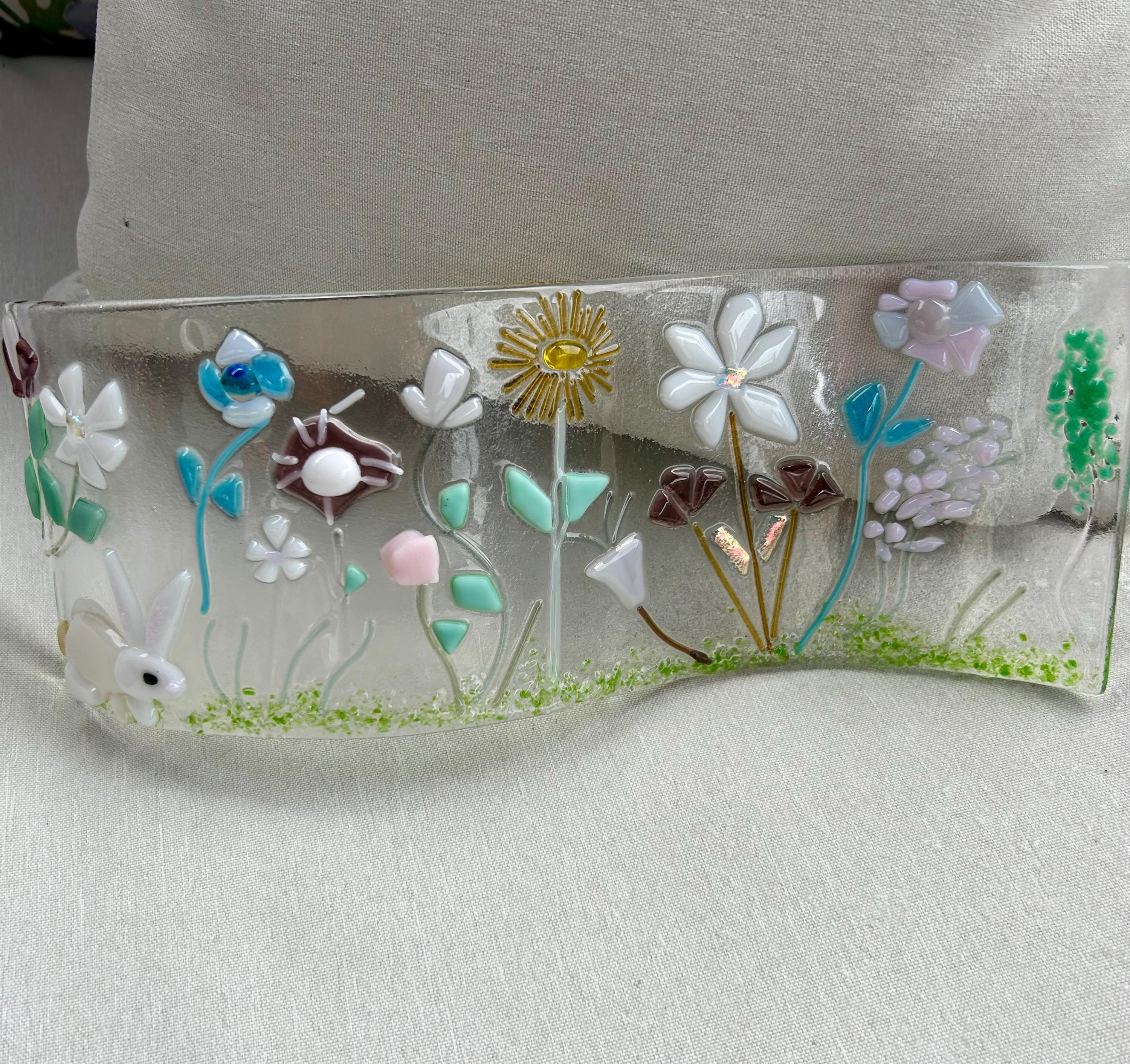 Pastel Loving Fused Glass Wave Panel With Soft Florals and Bunny. Free ...