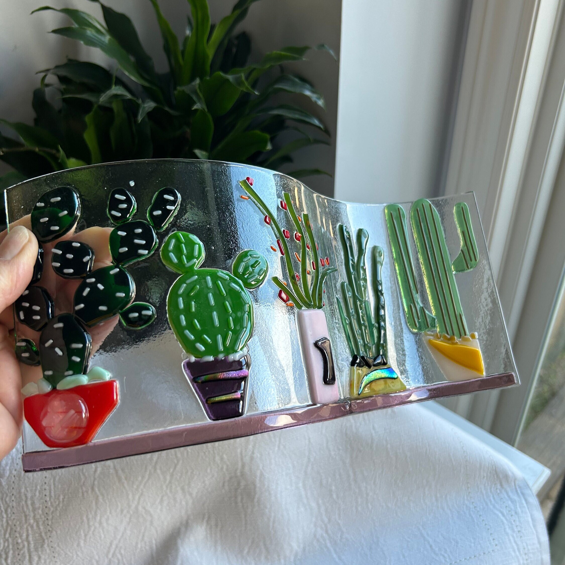 Cactus Fused Glass Wave Panel, Potted Cacti on a 12 Glass Free Standing ...