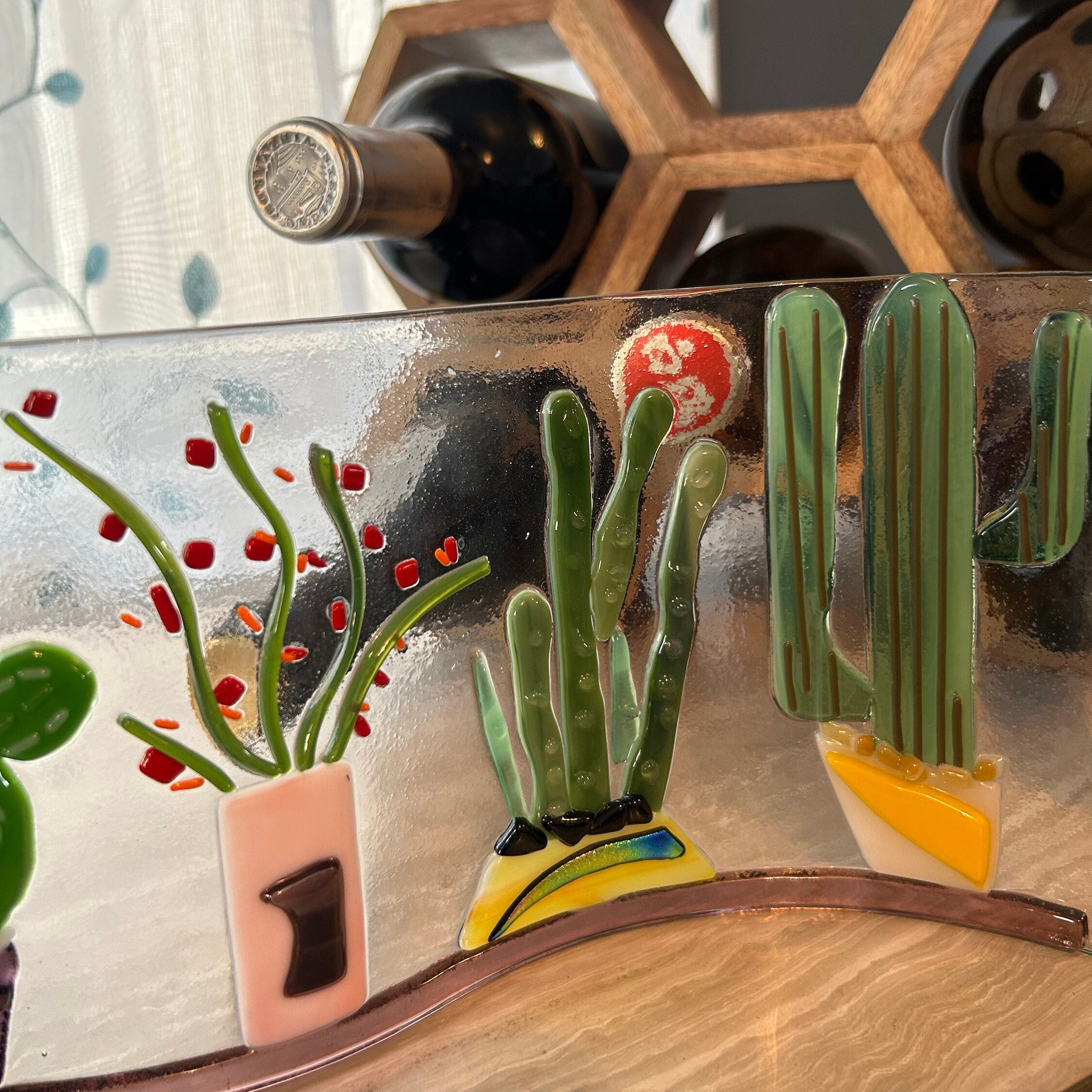 Cactus Fused Glass Wave Panel, Potted Cacti on a 12 Glass Free Standing ...