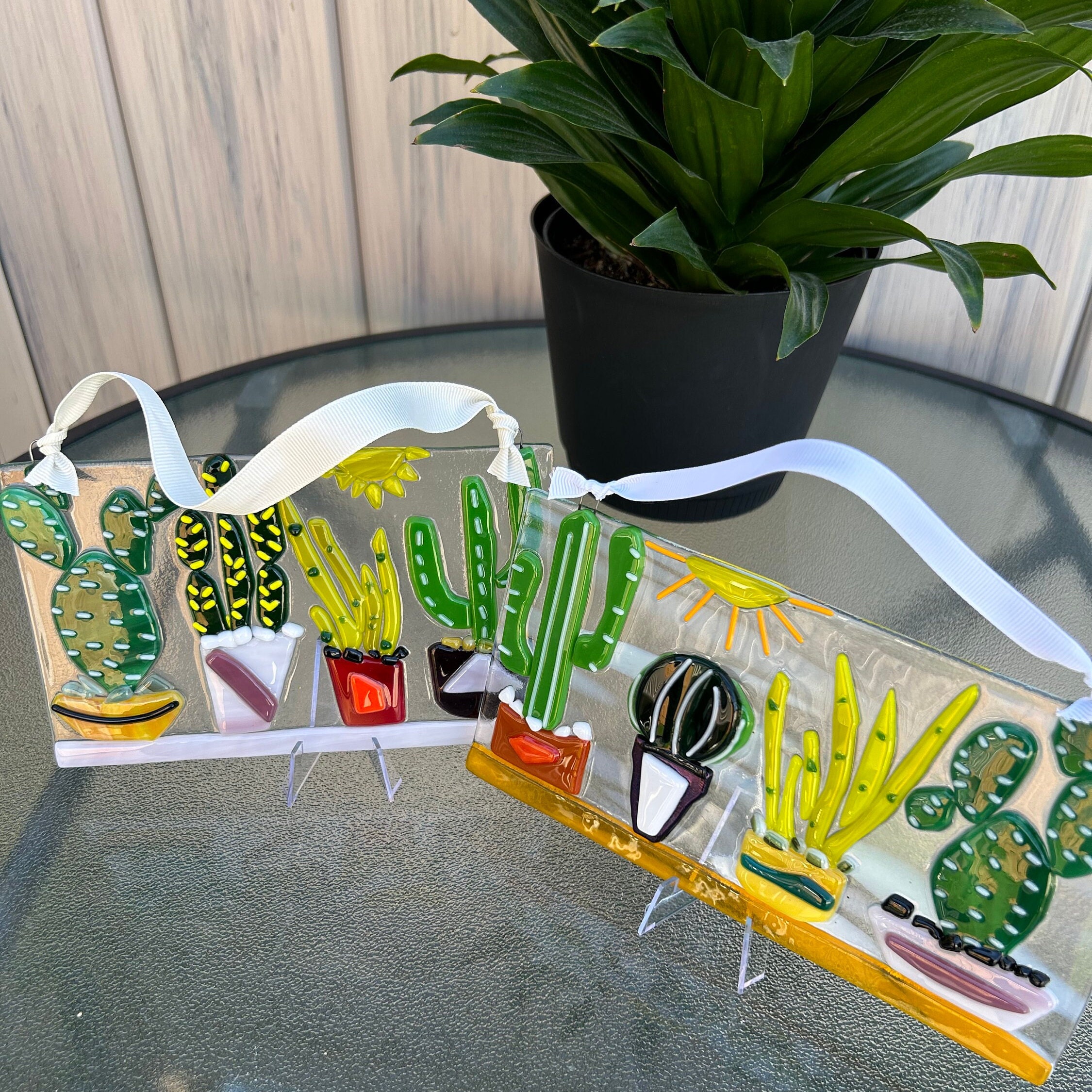 Fused Glass Cactus Pots Sun Catcher, Mixed Cacti, Gift for Cactus Lover ...