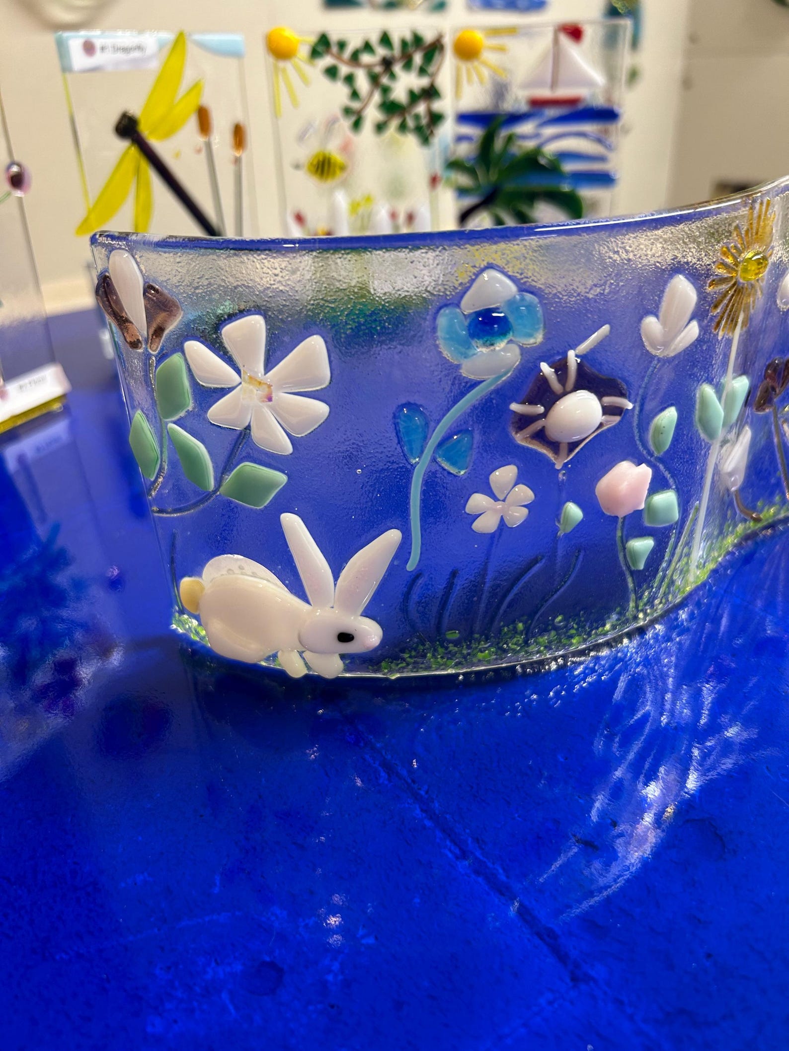 Pastel Loving Fused Glass Wave Panel With Soft Florals and Bunny. Free ...