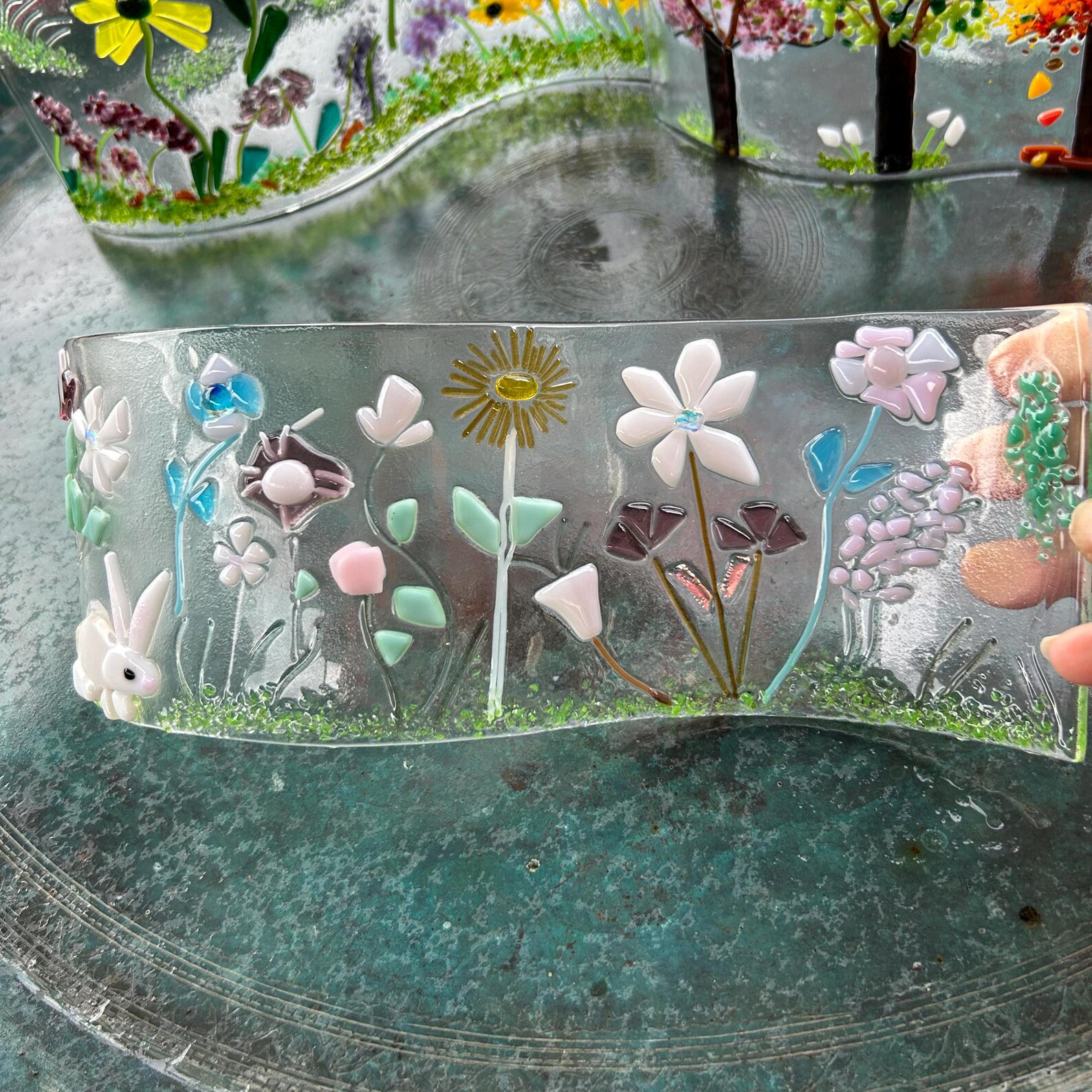 Pastel Loving Fused Glass Wave Panel With Soft Florals and Bunny. Free ...