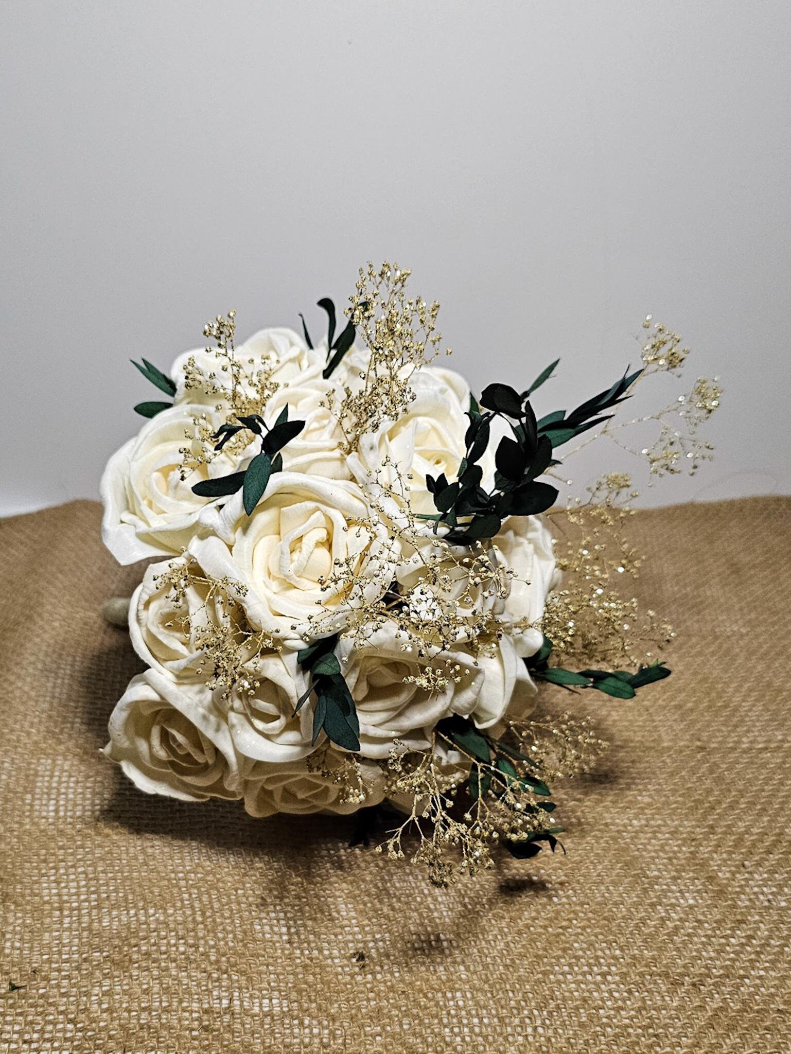 White Rose Christmas Flower Bouquet, Sparkly Dyed Wood Arrangement ...