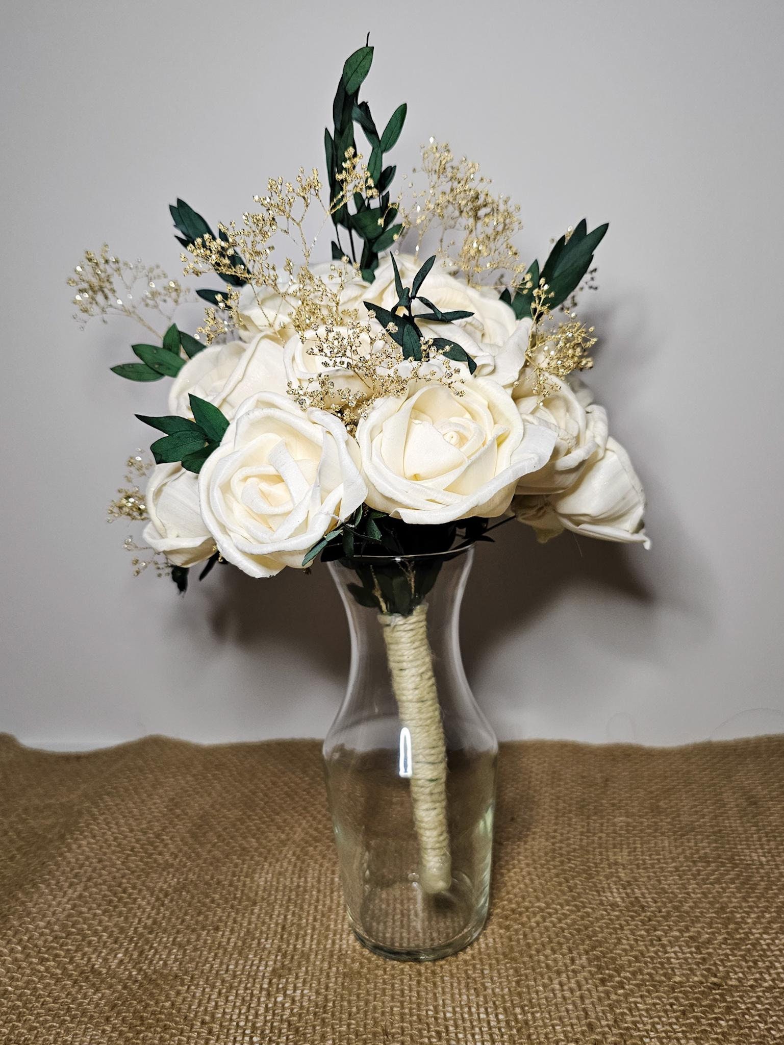 White Rose Christmas Flower Bouquet, Sparkly Dyed Wood Arrangement ...