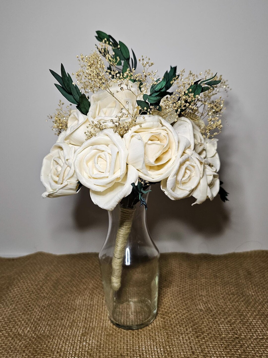 White Rose Christmas Flower Bouquet, Sparkly Dyed Wood Arrangement ...