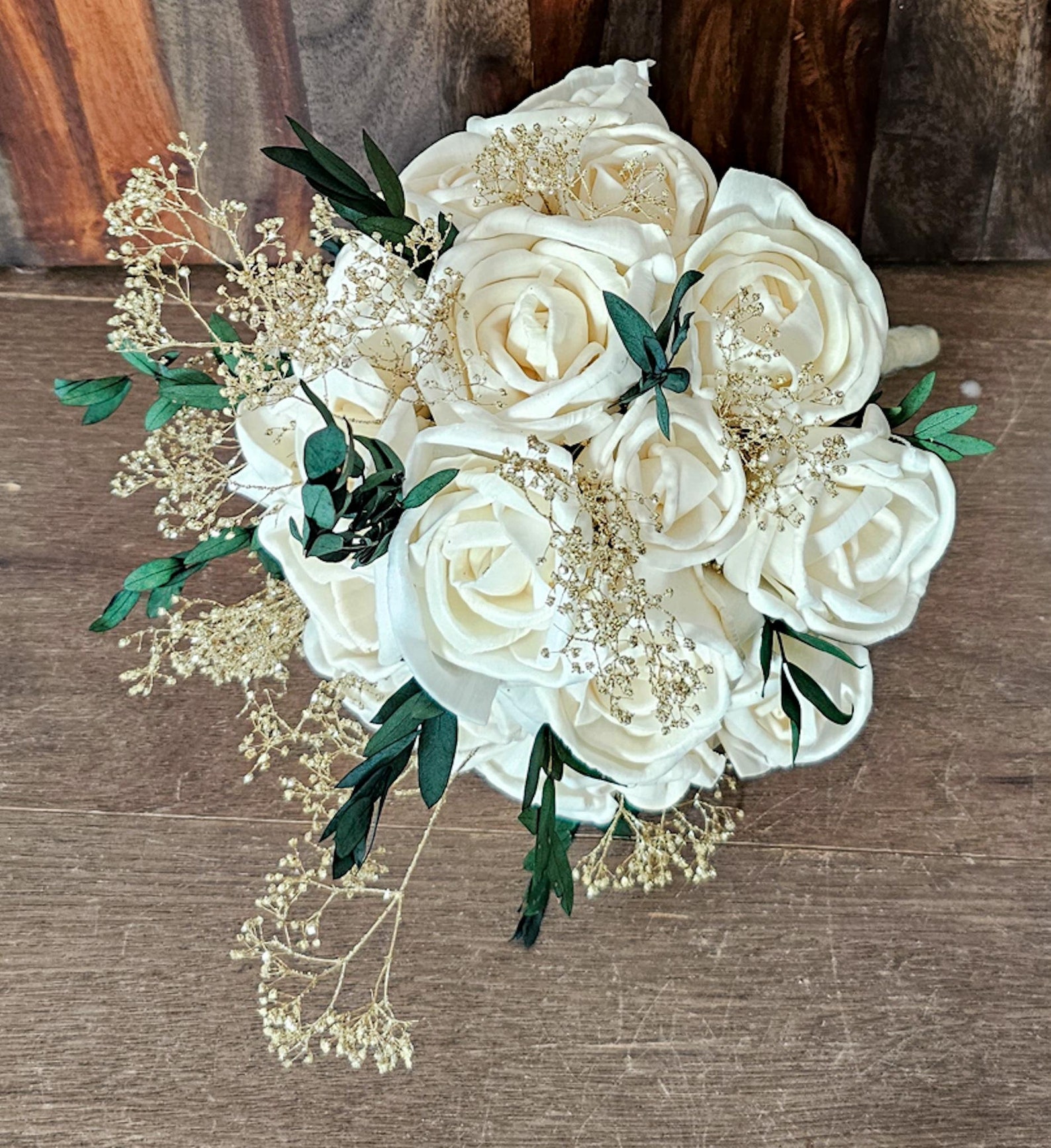 White Rose Christmas Flower Bouquet, Sparkly Dyed Wood Arrangement ...