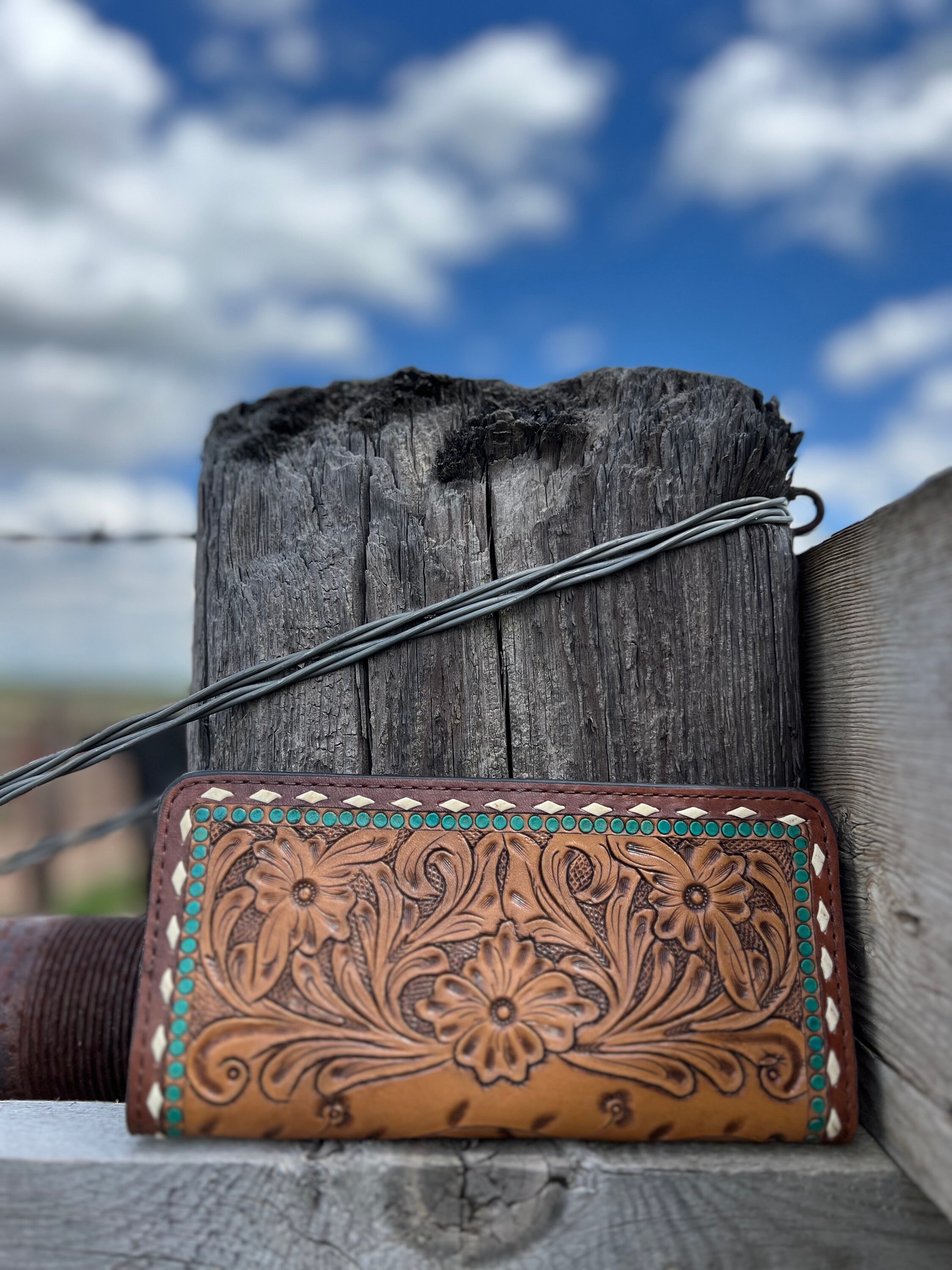 Turquoise Trim Tooled Leather Wallet - Etsy