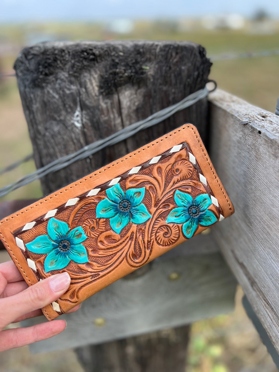 Tooled Turquoise Floral Wallet - Etsy
