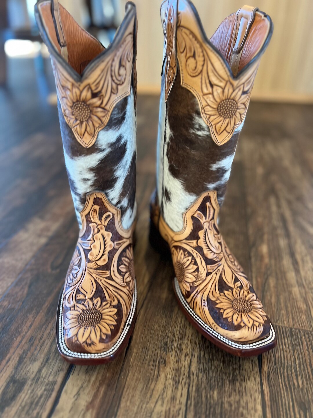 Tooled Sunflower Cowhide Square Toe Cowboy Boots - Etsy