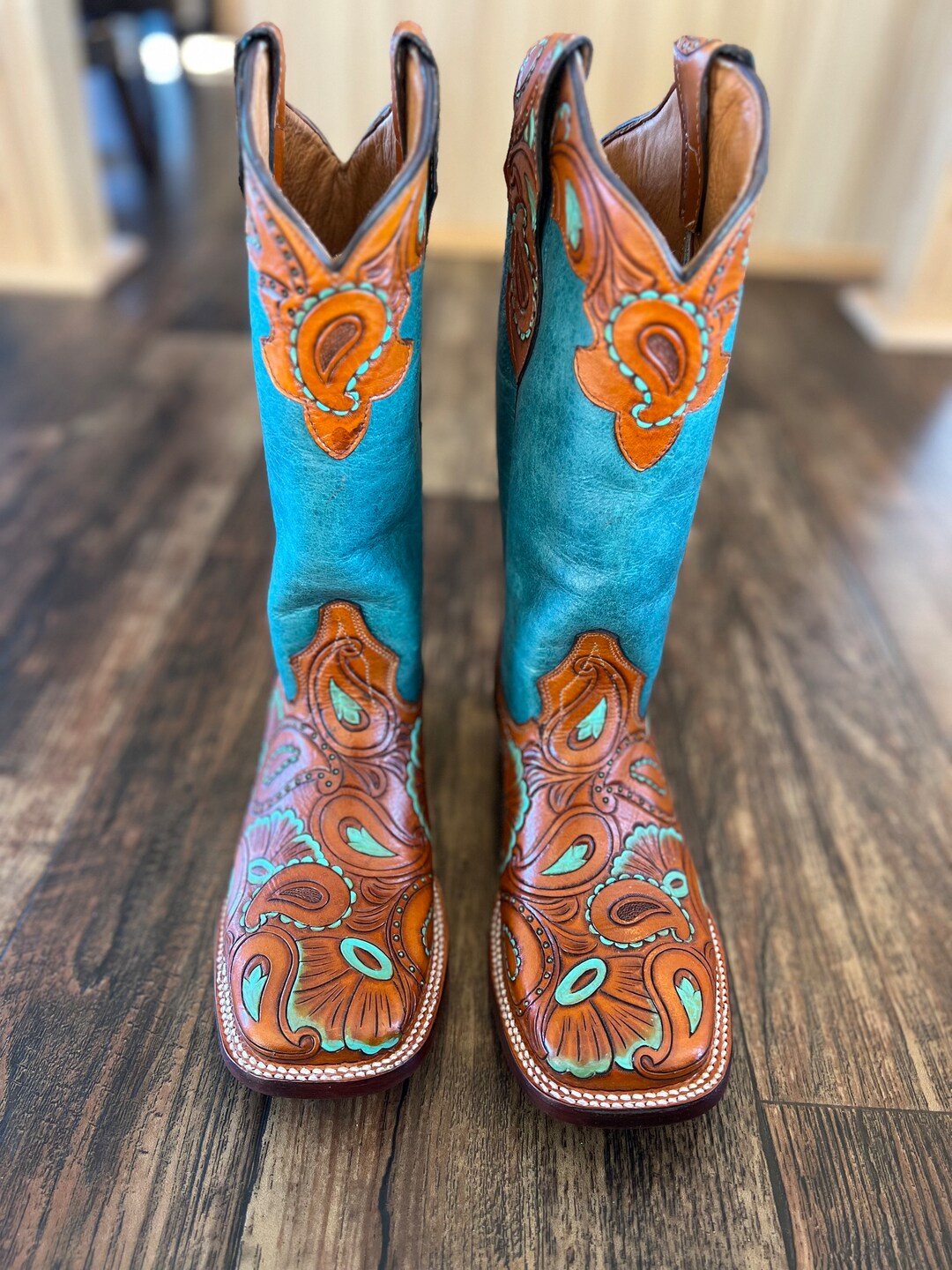 Brown & Blue Tooled Leather Boots - Etsy