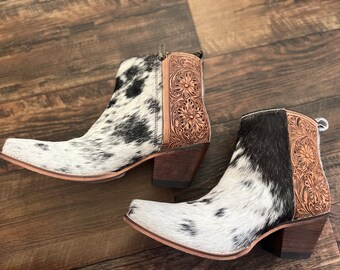 Tooled Leather and Cowhide Ankle Booties - Etsy