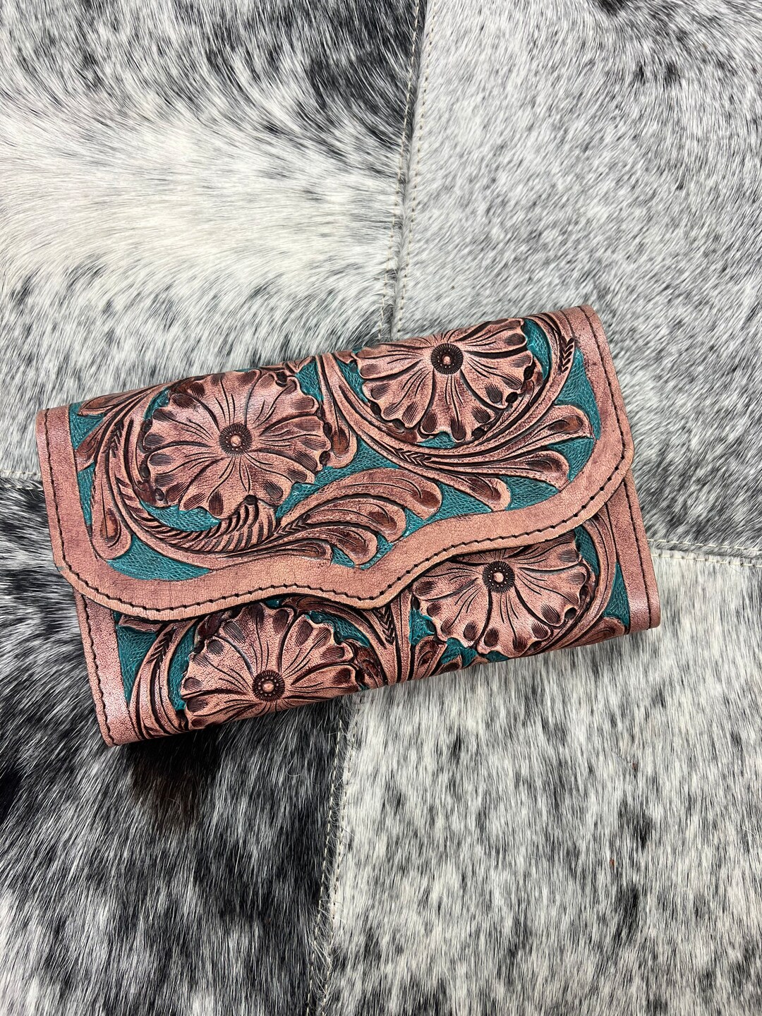 Tooled Brown and Turquoise Wallet - Etsy