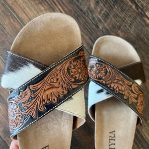 Twist Tooled Cowhide Slides - Etsy