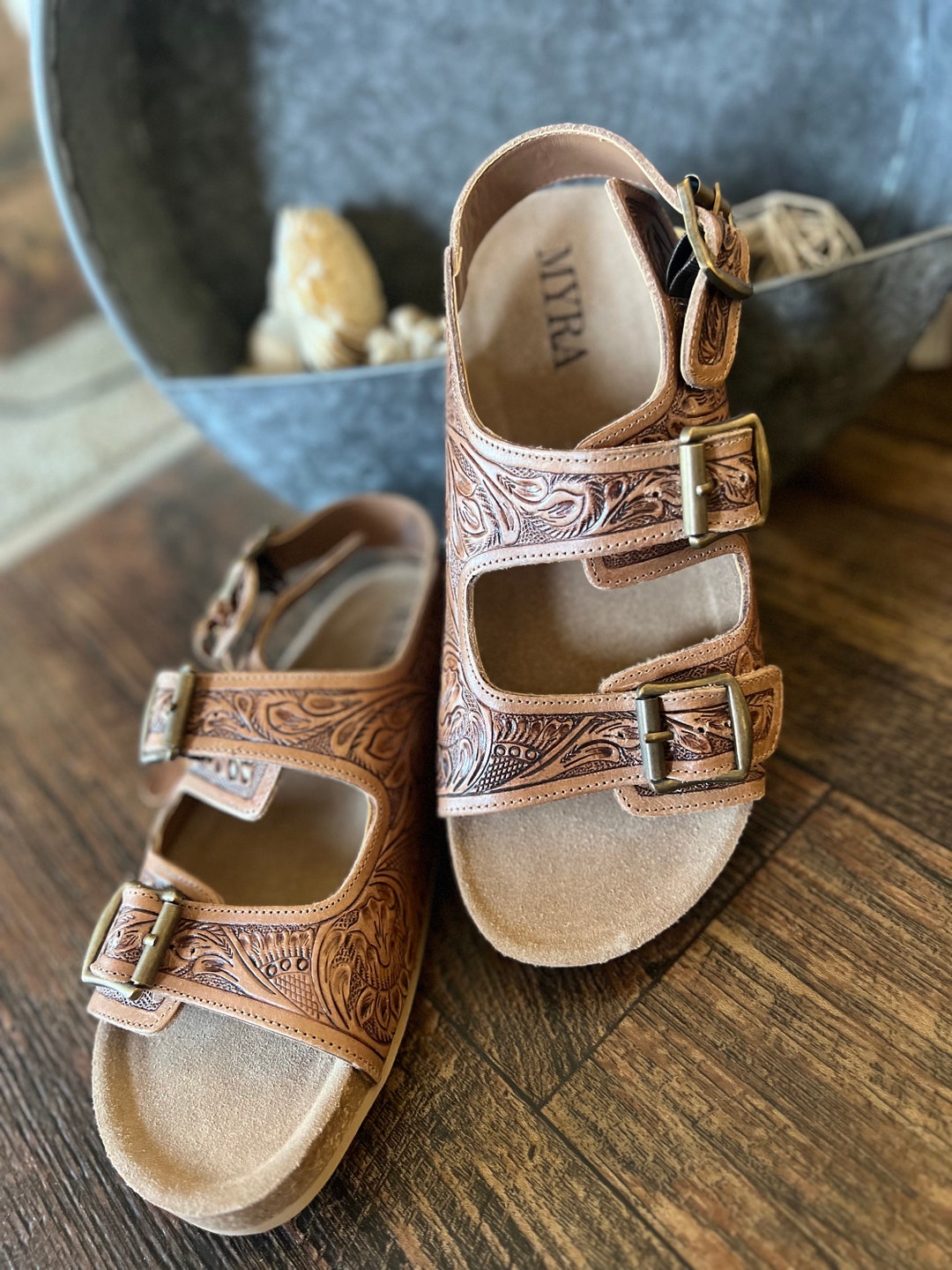 Tooled Leather Sandals With Back - Etsy