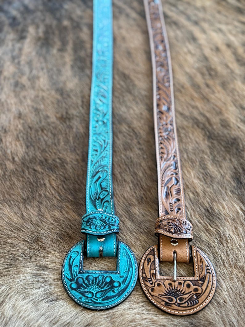 Round Buckle Tooled Leather Belt - Etsy