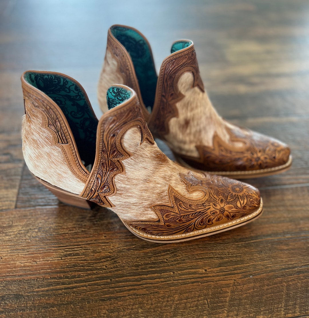 Dixie Cowhide Tooled Booties - Etsy