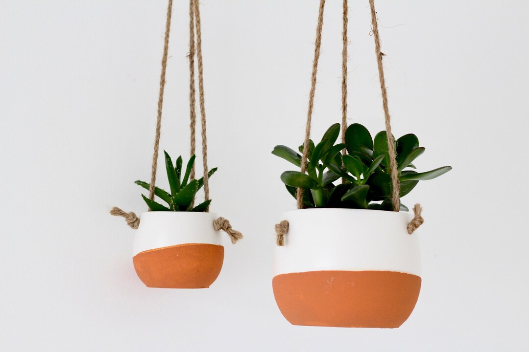 Earth Tone Small Ceramic Hanging Planter Pot in White and Terracotta - Etsy