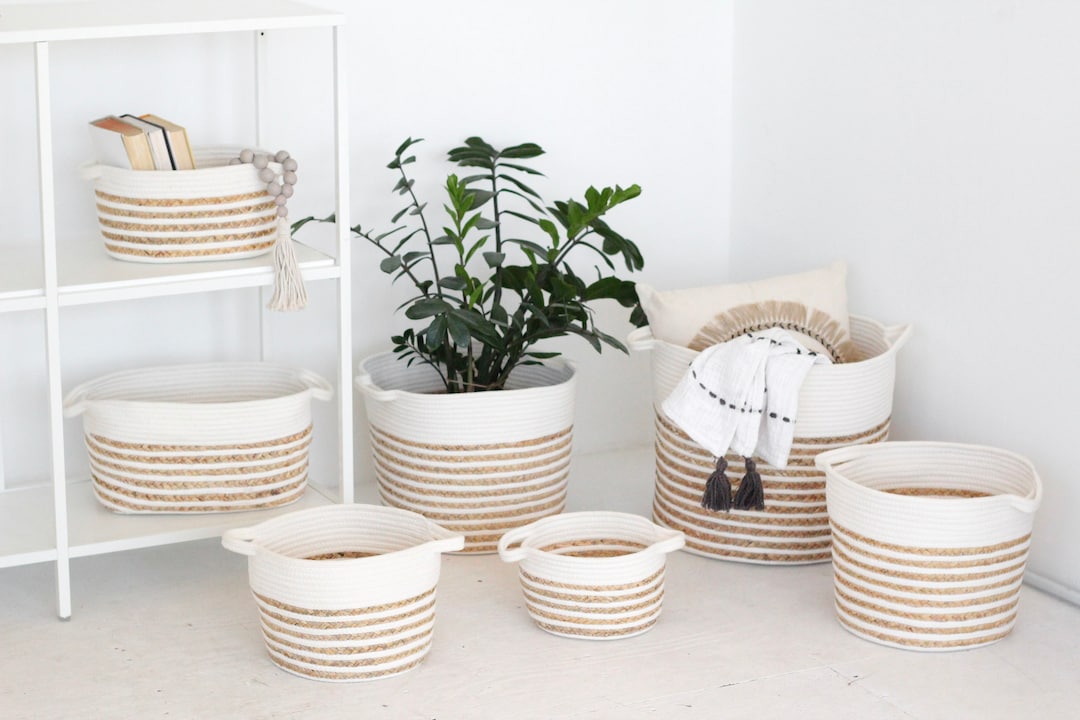 White Cotton and Jute Woven Storage Rope Baskets With Handles - Etsy