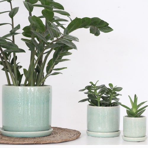 Sage Green Ceramic Round Planter Pot With Saucer - Etsy