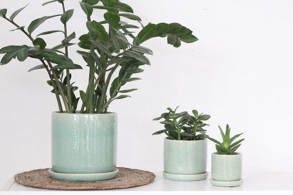 Sage Green Ceramic Round Planter Pot With Saucer - Etsy