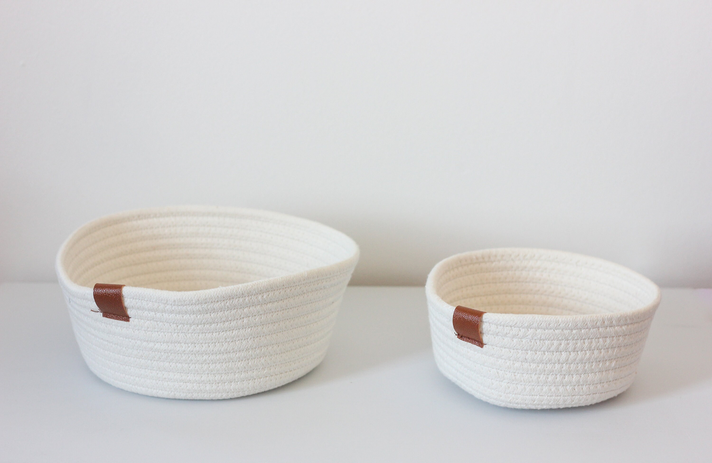 White Woven Cotton Rope Round Basket with Leather Accent | Etsy