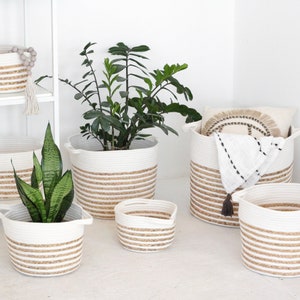 White Cotton and Jute Woven Storage Rope Baskets With Handles - Etsy