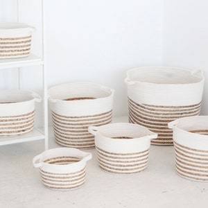 White Cotton and Jute Woven Storage Rope Baskets With Handles - Etsy