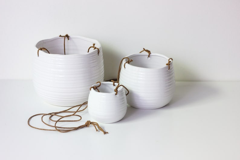 Modern Ribbed Glossy White Ceramic Hanging Planter Pot | Etsy