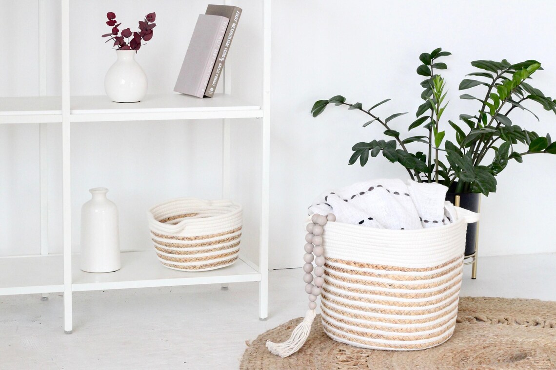 White Cotton and Jute Woven Storage Rope Baskets With Handles - Etsy
