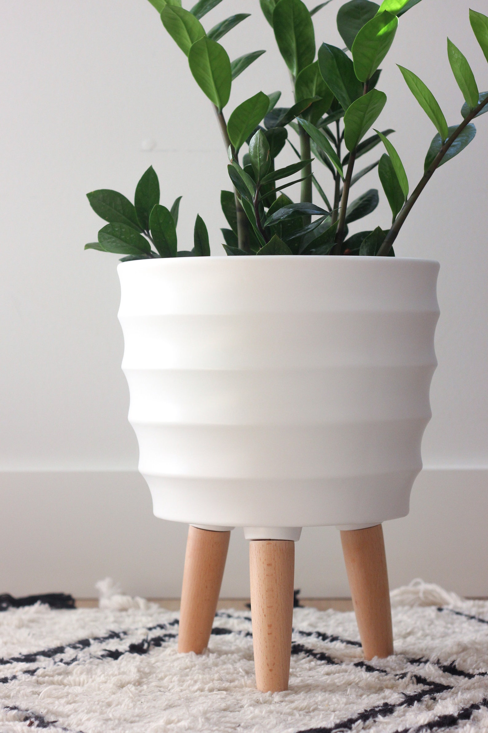 Modern Matte White Planter Pot with Wood Legs | Etsy