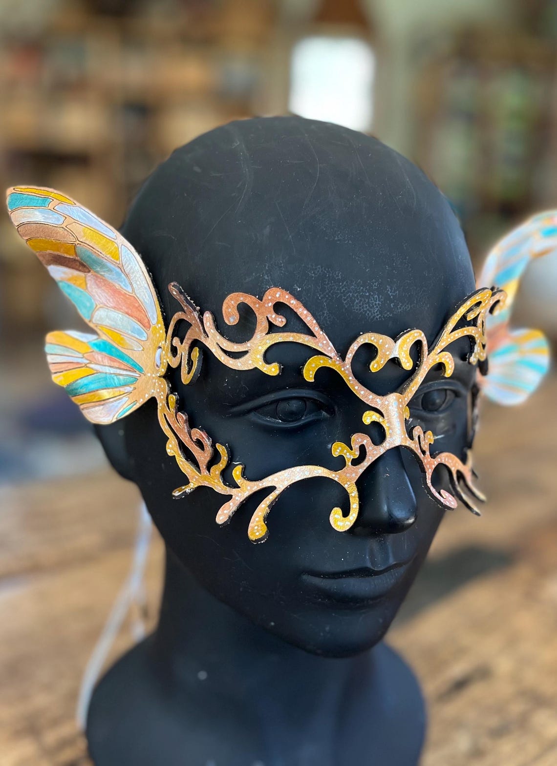 Handmade Leather Fairy Wings Mask – Iridescent Wings & Gold Filigree ...