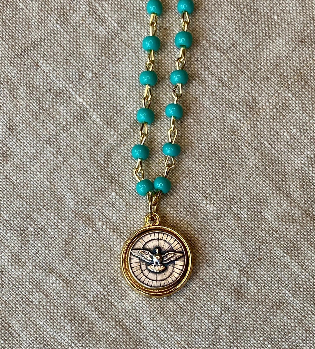 Holy Spirit X Holy Family Pendant Necklace on Handmade Czech Glass Bead ...