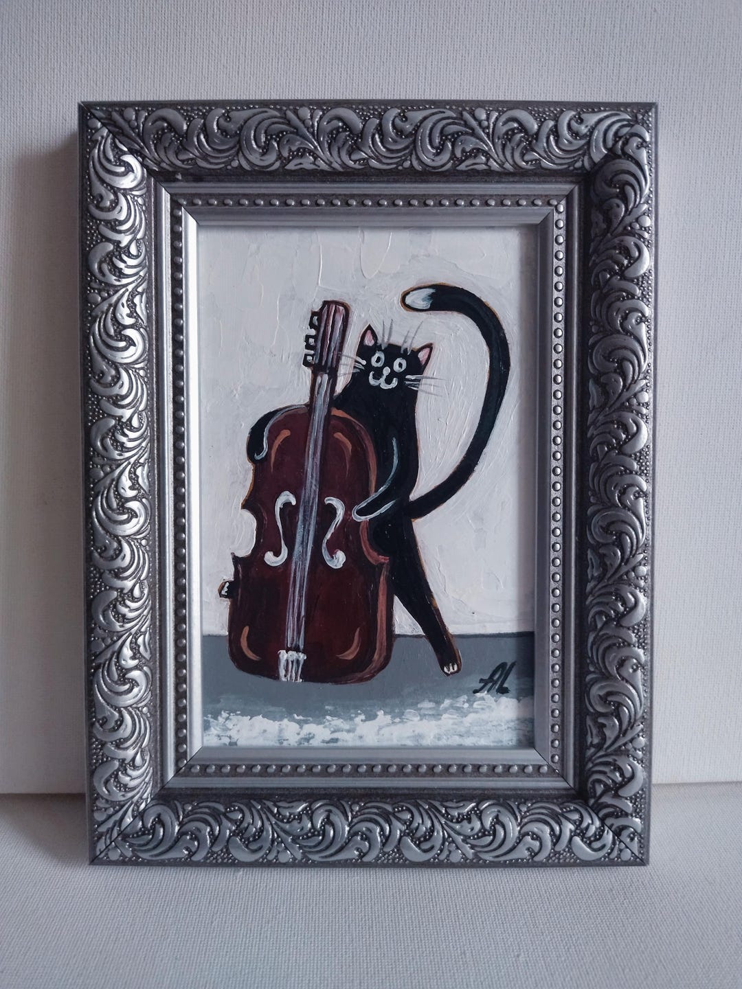 Black Cat Cello Art, Original Acrylic Painting, Grey Framed - Etsy