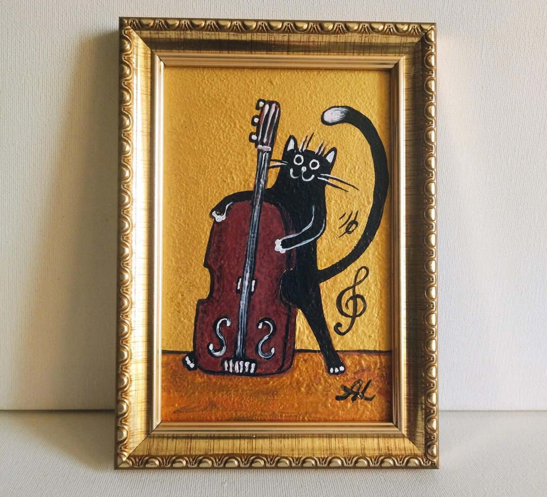 Black Cat Cello Art: Original Acrylic Painting, Golden Framed - Etsy